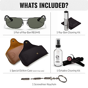 Ray-Ban RB3445 Rectangle Sunglasses With Eyewear Kit Bundle - Adjustable Nose Pads - Ideal Formal and Casual Wear Retro Sunglasses