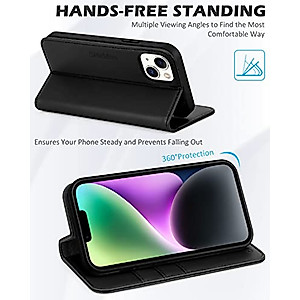 SHIELDON Case for iPhone 14 6.1" 5G, Genuine Leather iPhone 14 Wallet Folio Case [Magnetic Closure] [RFID Blocking Card Slots] [Kickstand] Full Protection Case Compatible with iPhone 14 2022 - Black