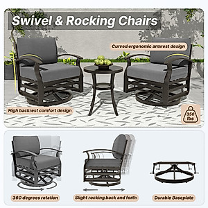 Piltwoff Aluminum Patio Furniture Set,8 Pcs Modern Patio Sectional Conversation Sets w/55,000BTU Propane Fire Pit,Outdoor Swivel Rocking Chairs w/5.1" Cushion&Coffee Table,Grey