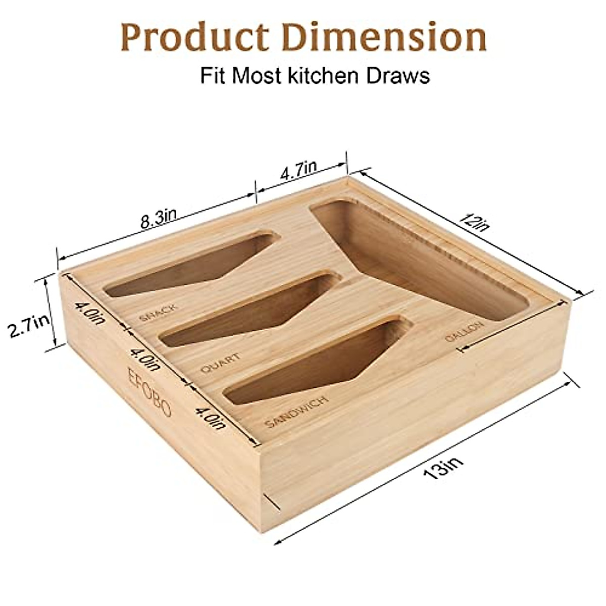 EFOBO Ziplock Bag Storage Organizer, Bamboo Food Storage Bag Organizer, Kitchen Drawer Baggie Holder for Gallon, Quart, Snack & Sandwich Bags