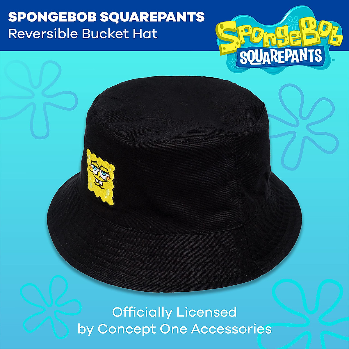Spongebob Squarepants Bucket Hat, Packable Travel Hat, Reversible Wide Brim Summer Cap, Black and Yellow, One Size