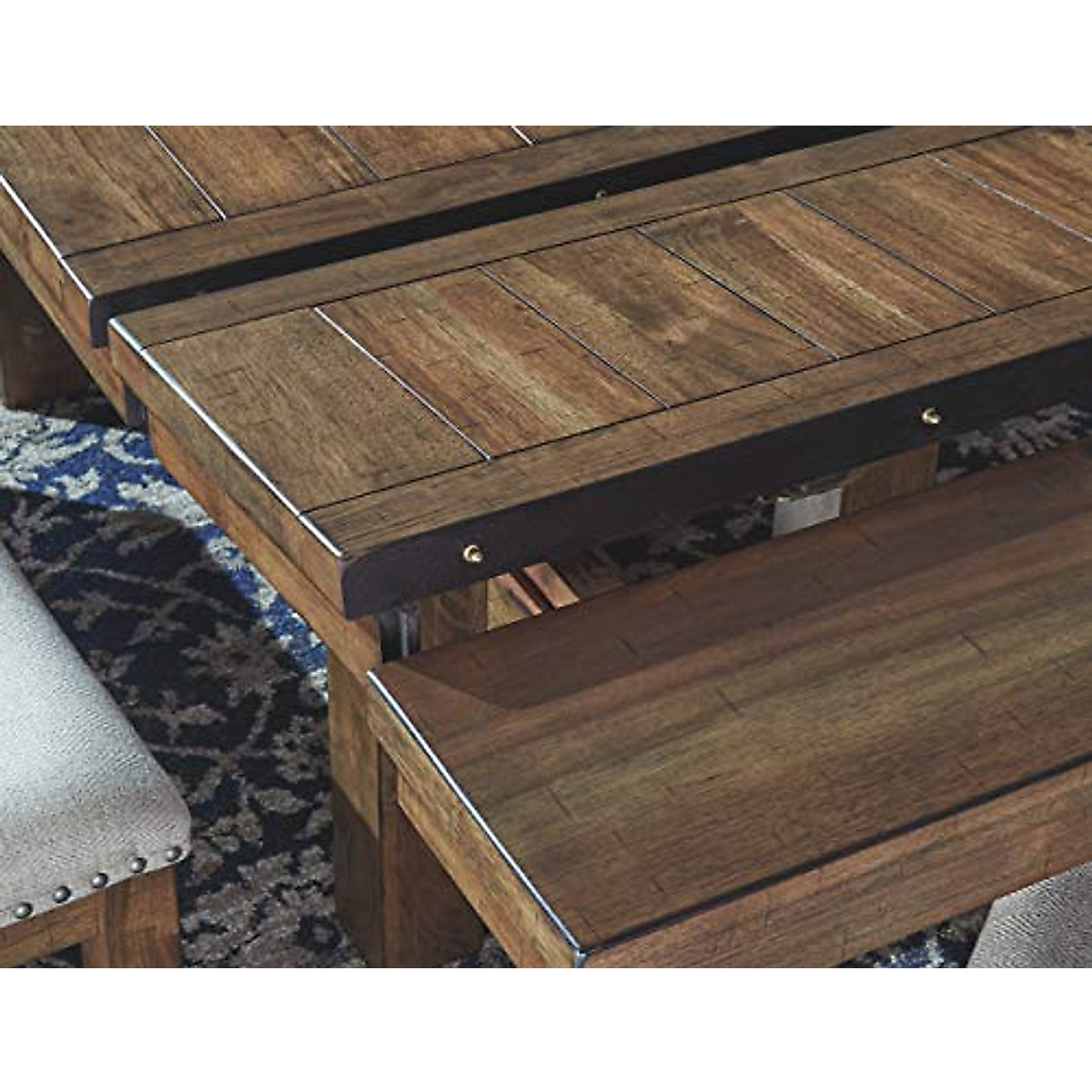 Signature Design by Ashley Moriville Farmhouse 36” x 30” Dining Extension Table, Seats up to 8, Brown & Moriville Casual Rustic Upholstered Dining Bench, Grey & Brown