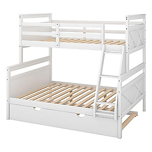 DEYOBED Twin Over Full Bunk Bed with Twin Size Trundle, Wooden Bed Frame with Ladder and Safety Guardrail for Kids Boy Girls, Can Convertible into 2 Separated Beds, White