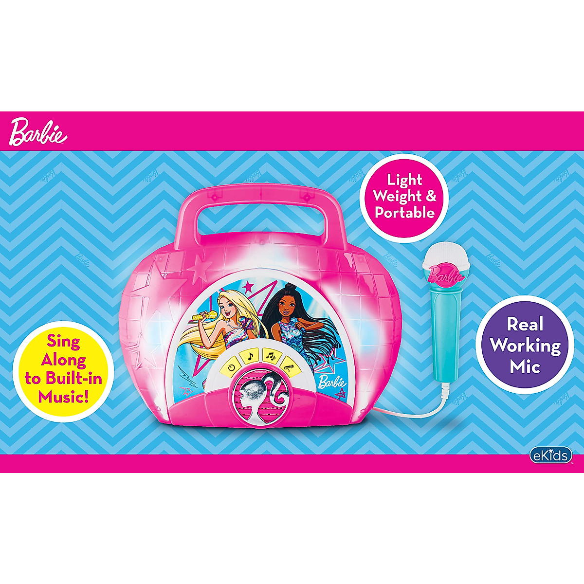 eKids Barbie Sing Along Boom Box Speaker with Microphone for Fans of Barbie Toys, Kids Karaoke Machine with Built in Music and Flashing Lights