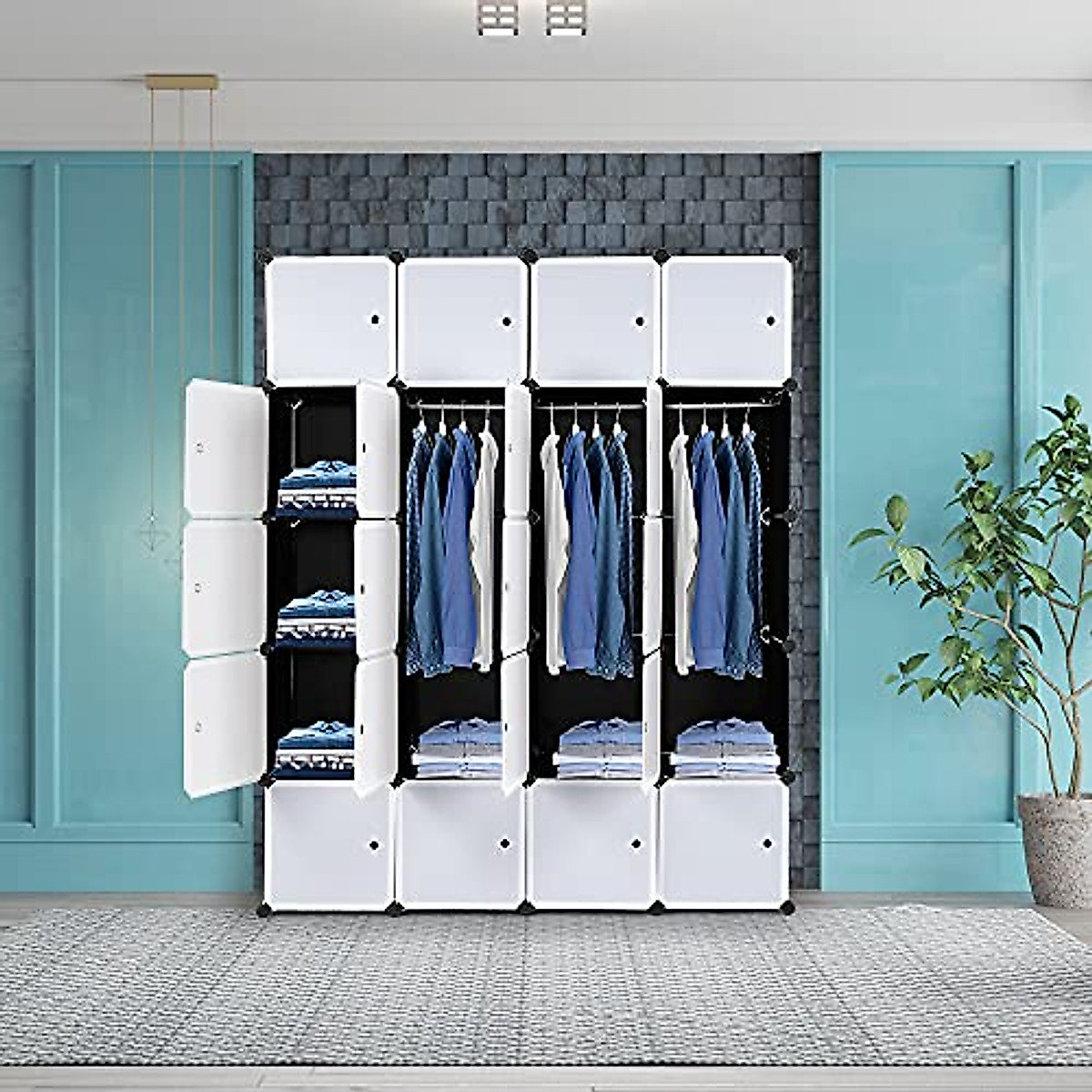 VINGLI Cube Storage Organizer, Plastic Closet Cabinet, DIY Plastic Modular Book Shelf Unit, Cube Shelves with Doors and Hanging Rods, 20 Cubes
