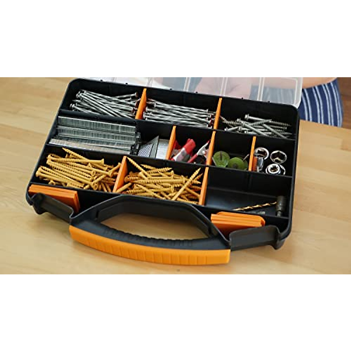 Massca Hardware Organizer box with dividers - 18 Compartments Small Parts Organizer with Accessible Hinged Lid - Durable Plastic Screw Organizer Store Nuts, Bolts, Screws, Nails, and Small Hardware