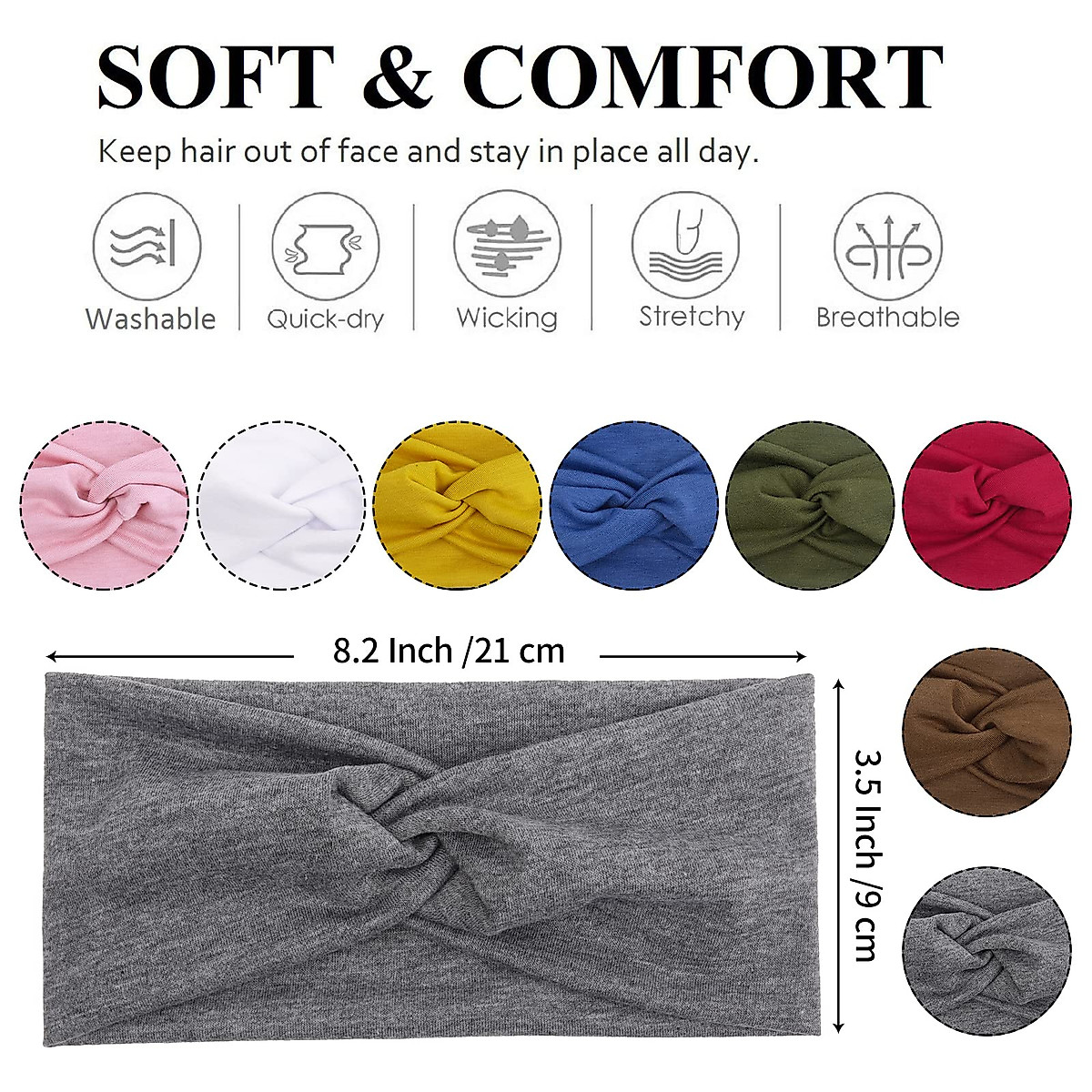 Tobeffect Headbands for Women Non Slip Turban Headband Boho Wide Head Band Womens Hair Wraps Accessories for Teen Girls 8 Pack Solid Colors