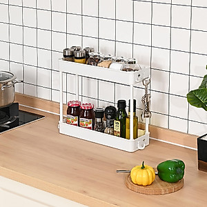 TOOLF Slim Rolling Storage Cart, 3 Tier Utility Cart on Wheels with Hooks, Bathroom Rolling Cart Organizer, Thin Mobile Shelving Unit for Laundry Kitchen Dorm for Nursery Diaper Craft Snack, White