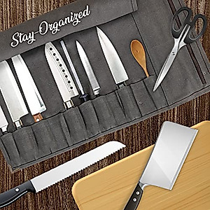 Begin Anywhere Knife Roll Bag,11 Knife Slots and a Large Zipper Pocket, Durable 14 oz Canvas Knife Case with an Adjustable Shoulder Strap. Knives not Included - Blade Travel Storage/Case, Gray