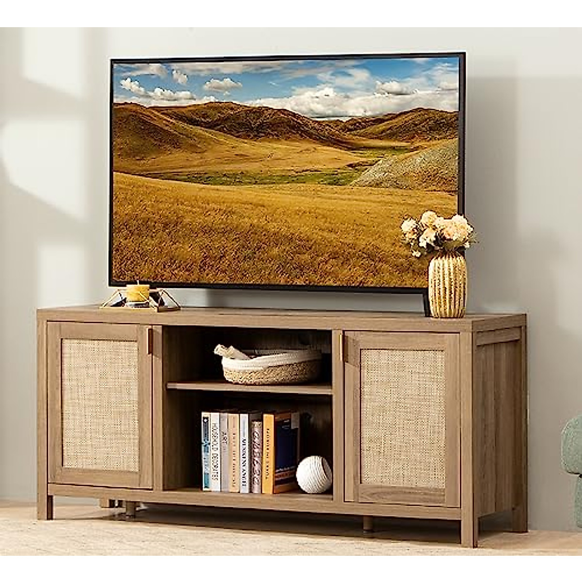 SICOTAS Rattan TV Stand for 65 Inch TV: 26" Tall TV Console with Storage Cabinet and Adjustable Shelf, 59" Boho Entertainment Center, Media Console, Modern Wood TV Stands for Living Room, Bedroom, Oak