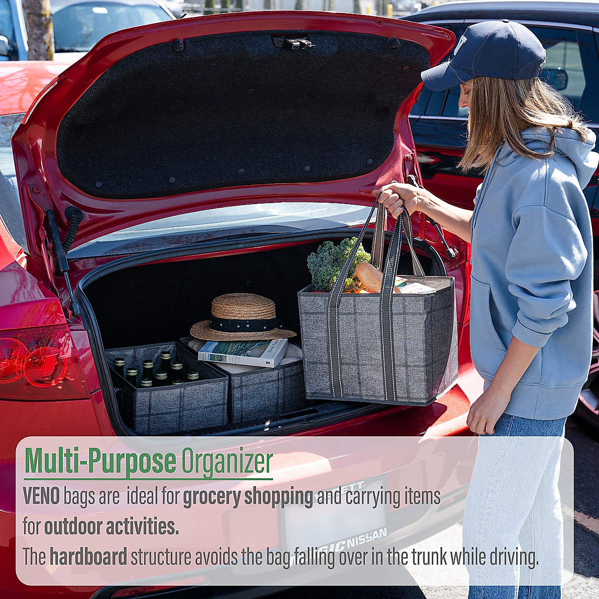 VENO 3 Pack Reusable Grocery Bags, Shopping Bags for groceries, Utility Tote with Handles and Hard Bottom, Foldable Shopping Cart Organizer, Multi-Purpose, Heavy-Duty (BLK Windowpane, 3 Pack)