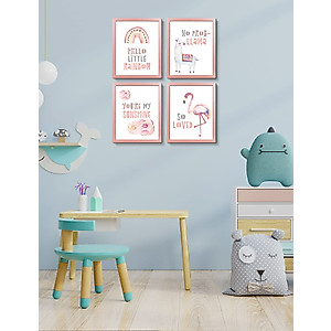 ArtbyHannah 4 Pack 8x10 Inch Framed Baby Nursery Wall Art Decor with Pink and White Decorative Cute Animals Art Prints for Kids Room, Baby Girls Playroom Children Room Bedroom or Home Decoration