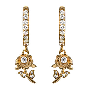 Disney Beauty and the Beast Flash Plated Sterling Silver Cubic Zirconia Huggie Hoop Earrings, Official License