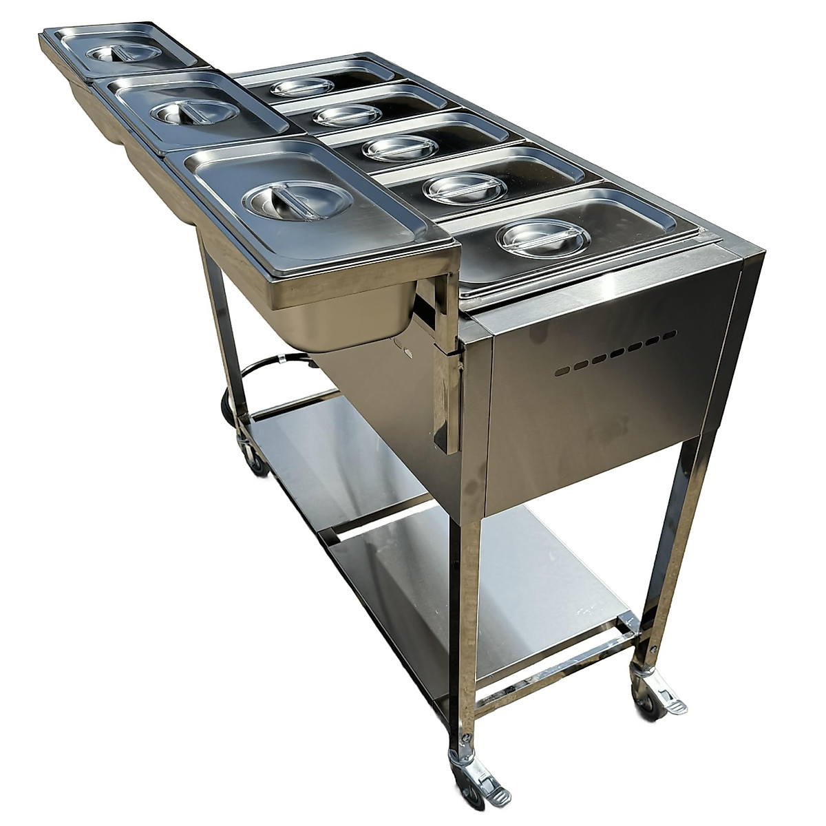 Acero Pro 5 Container Outdoor Steam Table Food Warmer Cart (Propane) - 3 Condiment Containers - Total 8 Standard 1/3 Pans (12" x 6" x 4") - Stainless Steel - Portable for Home, Commercial, & Catering