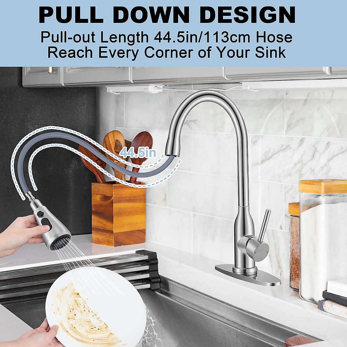 Homikit Kitchen Sink Faucet Brushed Nickel with Pull Down Sprayer, 304 Stainless Steel Kitchen Faucets with Deck Plate for 1 or 3 Hole, High Arc Commercial Faucet for Farmhouse Laundry Utility Rv Bar