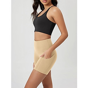 ODODOS 5" Tummy Control Biker Shorts for Women with Pockets High Waist Athletic Workout Yoga Shorts, Beige, X-Large