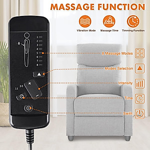 Sweetcrispy Adults Massage Fabric Small Sofa Home Theater Lumbar Support, Adjustable Modern Reclining Chair with Padded Seat Backrest for Living Room (Light Grey)