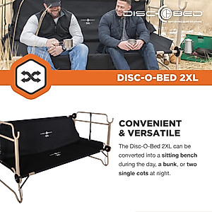 Disc-O-Bed 2XL Cam-O-Bunk Outdoor Convertible 2 Person Bench/Double Camping Cot Portable Bed for Adults with 2 Side Organizers, Black