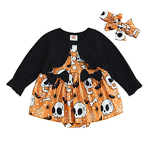 Faithtur Newborn Girl Clothes Cute Long Sleeve Patchwork Baby Girl Halloween Outfit Gothic Skull Romper Dress Baby Girl Gift (A-Black, 3-6 Months)