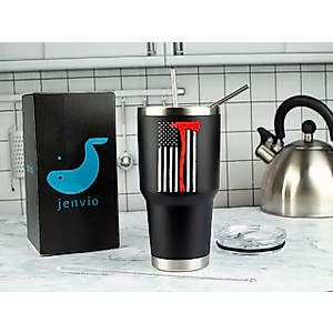 JENVIO Firefighter Gifts for Men | Stainless Steel Travel Tumbler/Mug with Two Lids and Gift Box | Thin Red Line Flag Design for Fireman Gift | Christmas Department | First Responder