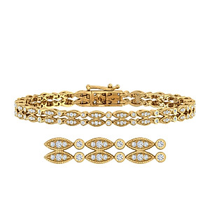 FINEROCK 1 Carat Diamond Vintage Bracelet with Round and Marquise alternate link in 2 rows in 10K Yellow Gold(7.25 Inch)