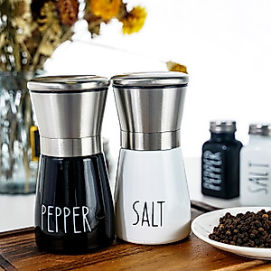 2PCS Salt and Pepper Grinder Set, Black and White Original Salt and Pepper Grinder Set - Adjustable Sea Salt Grinder & Pepper Grinder - Stainless Steel & Glass Salt and Pepper Shakers 2pack
