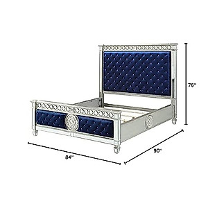 Acme Varian Queen Upholstered Panel Bed in Blue Velvet and Mirrored