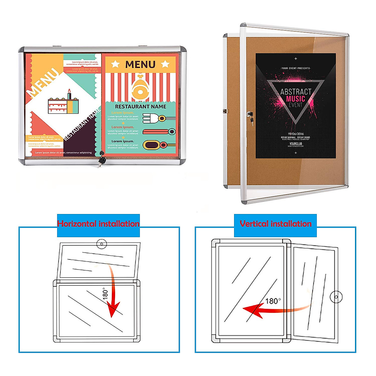 MAKELLO Lockable Bulletin Cork Board Enclosed Display Case with 3 Matching Keys for Indoor, Silver Aluminum Frame, 20x16inches (2xA4)