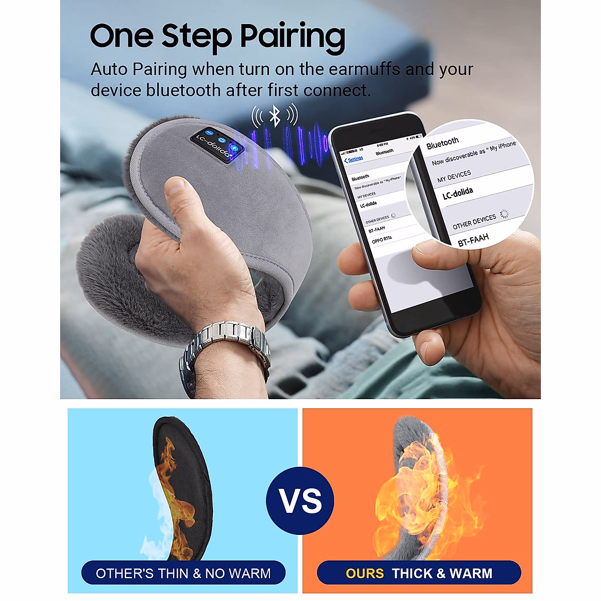 LC-dolida Bluetooth Earmuffs for Winter Women Men, Ear Warmers Headphones Ear Muffs Fluffy with Music HD Speakers Calling for Outdoor Winter Running Cycling Camping, Ice Fishing Skating, Walking Dog