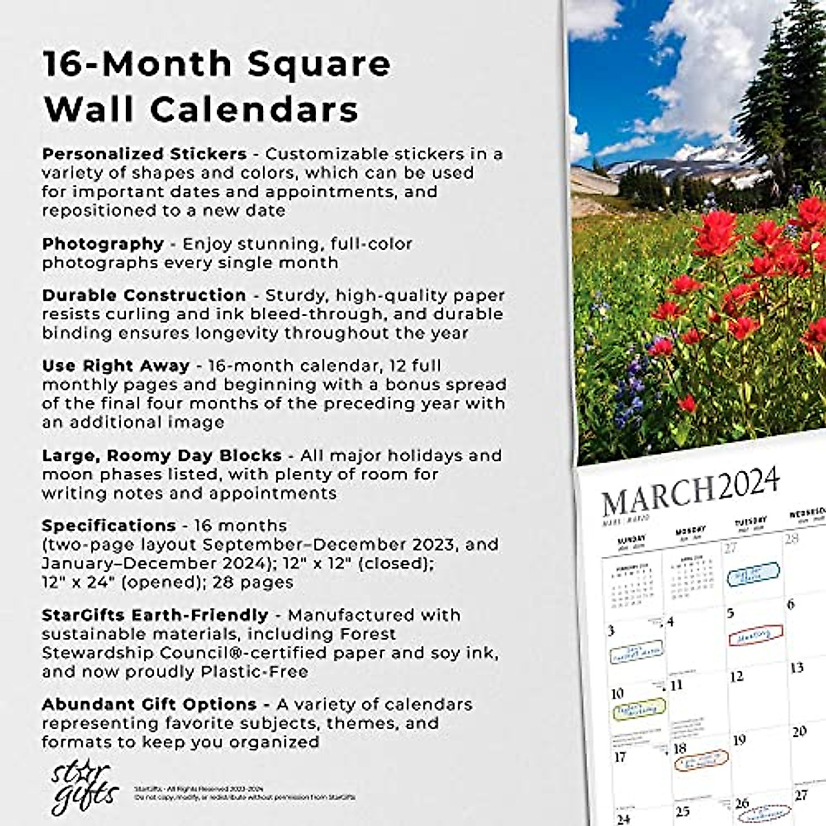 The Beauty of Wildflowers | 2024 12 x 24 Inch Monthly Square Wall Calendar | Sticker Sheet | StarGifts | Outdoor Plant Floral