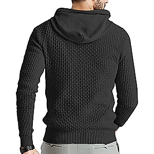 Zaitun Mens Hooded Sweatshirt Long Sleeve Solid Knitted Hoodie Pullover Sweater Black