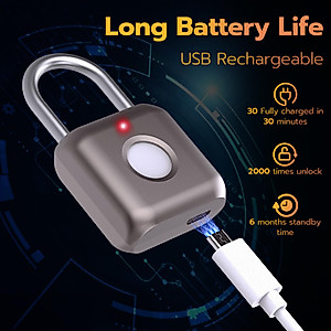 Pothunder Fingerprint Padlock, Smart Metal Keyless Thumbprint Lock, Waterproof, USB Rechargeable, for Gym, School, Luggage, Backpack, Suitcase, Golden