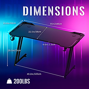 Gamtimer Gaming Desk with LED Lights,55 inch Carbon Fiber Surface RGB Gaming Computer Table, 384 Color Mode with Remote Control, Cup Holder and Headphone Hook - Black