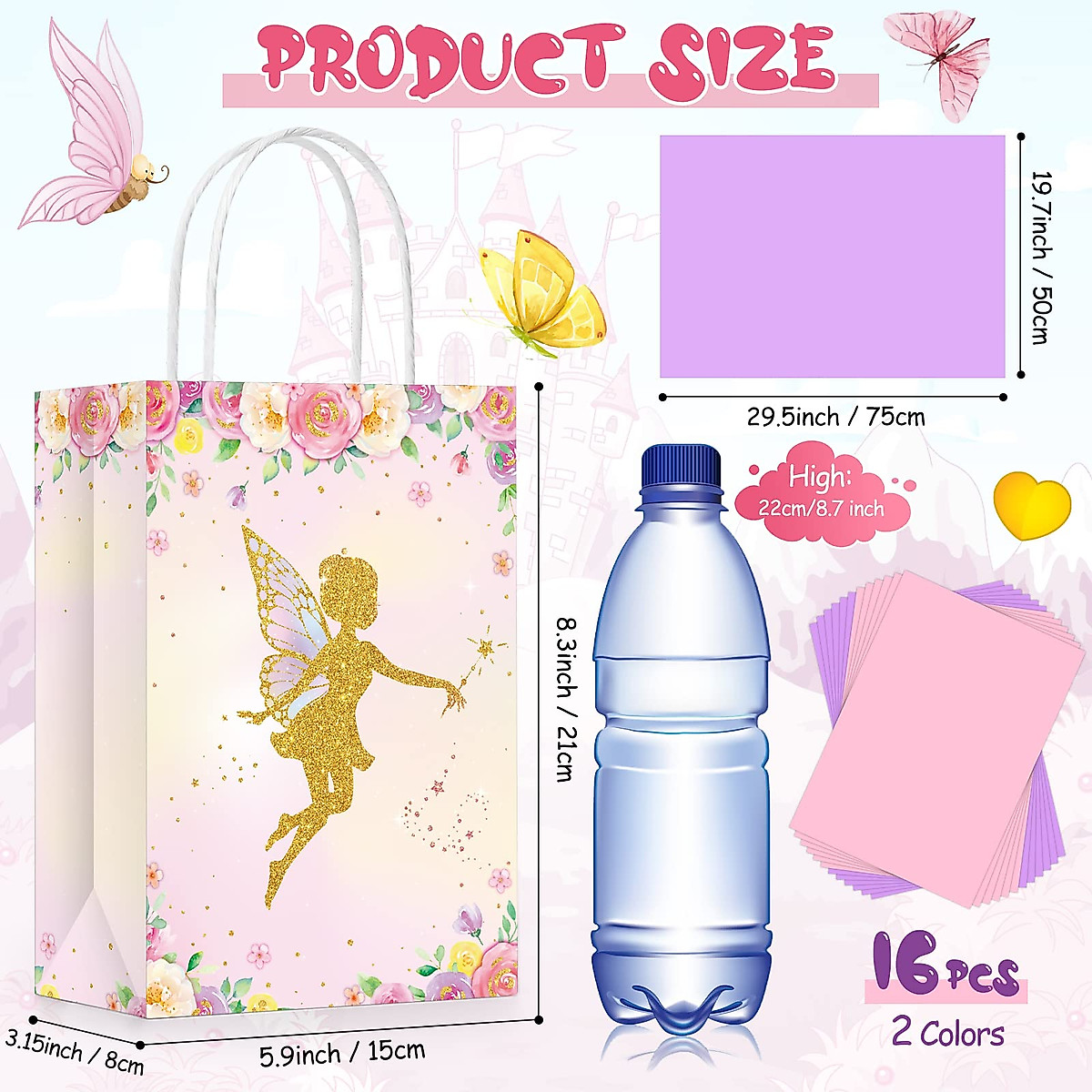 16 Pieces Floral Fairy Gift Bags with Tissue Paper Pink and Purple Floral Fairy Goodie Gift Treat Bags Spring Themed Bags Butterfly Baby Girl Paper Bags for Girl Kid Birthday Baby Shower Party