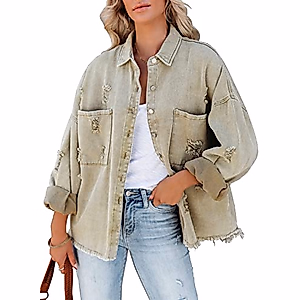 Necooer Women's Washed Denim Jacket Casual Long Boyfriend Distressed Vintage army green Jean Jacket Autumn Spring (Medium,C-ArmyGreen)