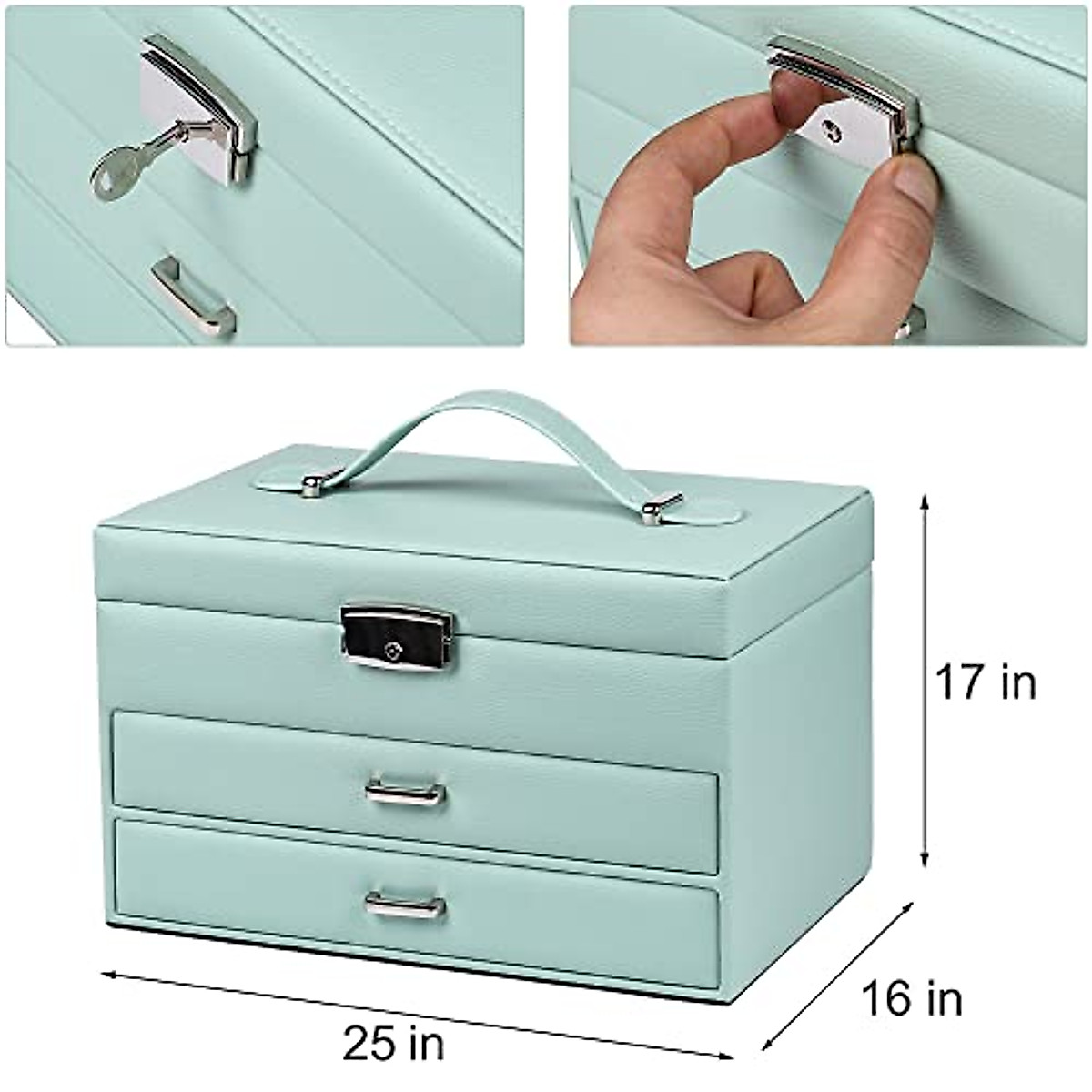 Jewelry Box with 3 Layers PU Leather Lockable Jewelry Storage Organizer with Velvet Lining Portable Leather Jewelry Box for Storing Watch, Earring, Ring, Chain, Bracelet