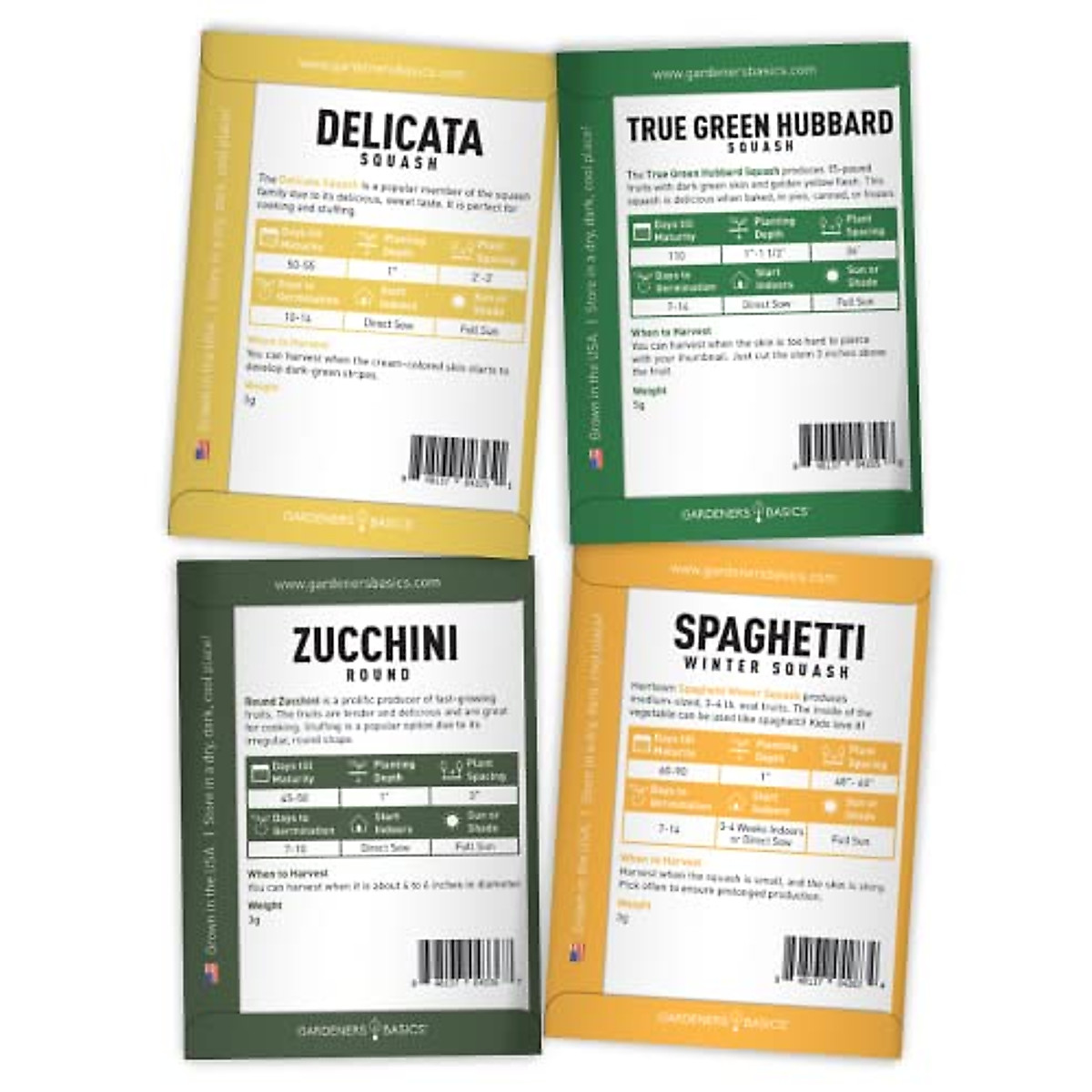 8 Squash Seeds for Planting Individual Packets - Zucchini, Delicata, Butternut, Spaghetti, Scallop, Caserta, Round and Hubbard for Your Non GMO Heirloom Vegetable Garden by Gardeners Basics