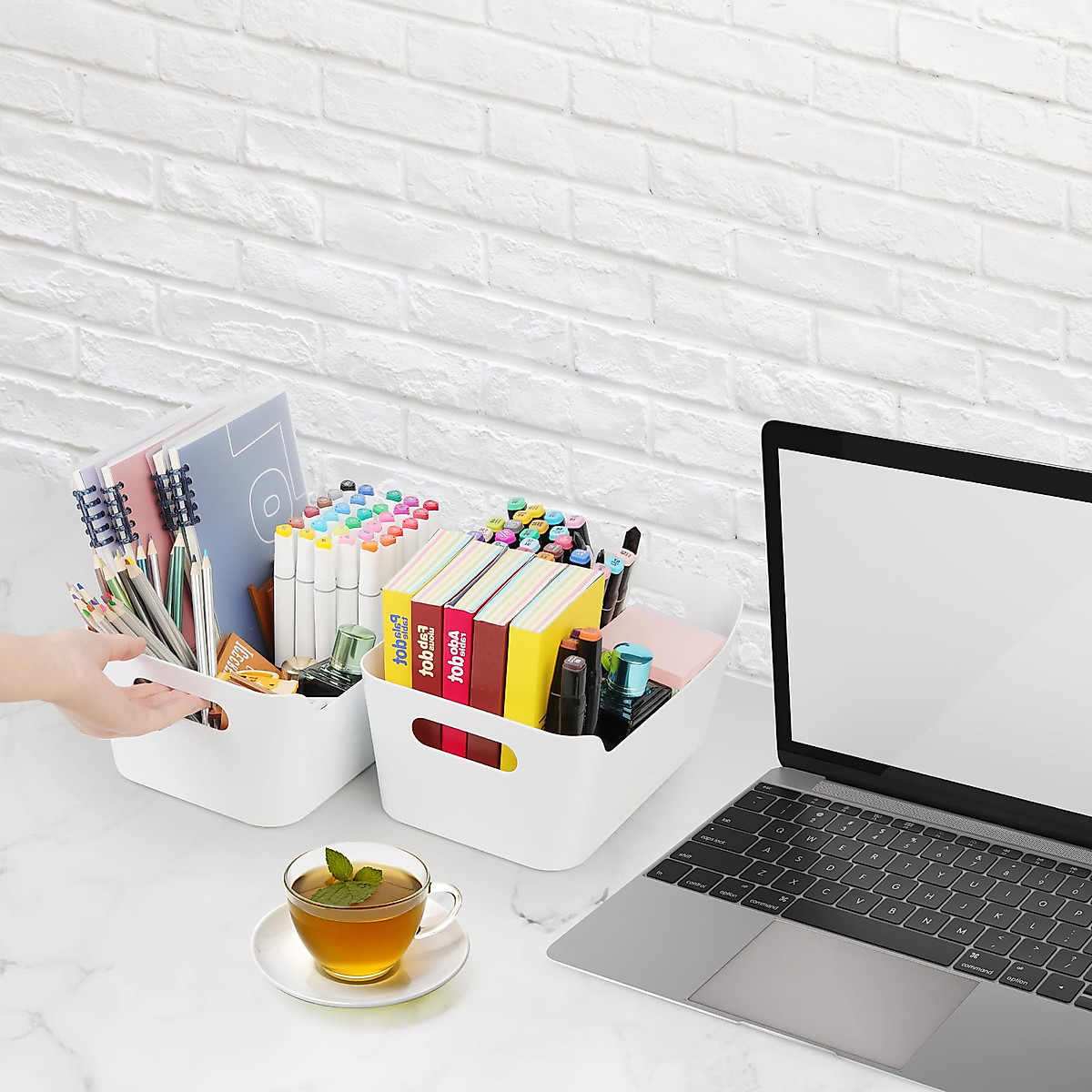 Tiawudi 12 Pack Storage Bins, Plastic Storage Containers, Multi-Use Organizer Bins, White Closet Organizer, Pantry Organizer, Bins for Cabinet, Drawer, Countertop or Shelves