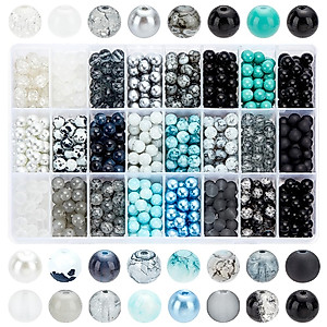 PH PandaHall 720pcs 8mm Round Glass Beads, 24 Color Black Bracelet Beads Marble Loose Beads Crystal Spacers for Men Bracelet Earring Necklace Jewelry Making Halloween Eid Mubarak Ramadan Decoration