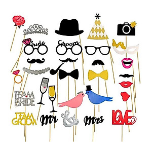Andiker Photo Booth Props Wedding, 31 Pcs Funny Photo Booth Accessories with Wooden Stick, Shinny Photo Booth Accessories for Bridal Shower, Party and Valentine Include Tie, Hat, Mustaches