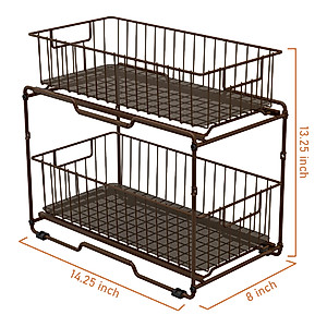 CAXXA 2 Tier Sliding Cabinet Basket Organizer, Bathroom Pull-Out Drawer Organizer, Space Saving with Handles (Medium, BRONZE)