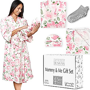 Ocean Drop 100% Cotton Mommy and Me Robe and Swaddle Set - Maternity Robe for Hospital - Delivery Gown for Hospital Maternity 4pc Set (Robe, Socks, Baby Swaddle Blanket, Baby Hat & Gift Box)
