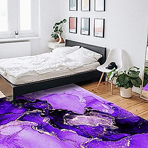 Contemporary Non-Slip Area Rug Abstract Ink Paint Purple and Gold Marble Art Painting Printed Rugs Art Carnival Rubber Backing Living Room Floor Mats Rectangle Area Rug Carpet for Indoor 2'x3'