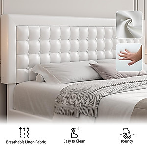 HIFIT Full Size Bed Frame, Full Modern PU Leather Upholstered Platform Bed with Button Tufted Adjustable Headboard and Solid Wood Slats Foundation, No Box Spring Needed, No Noise, Easy Assembly, White