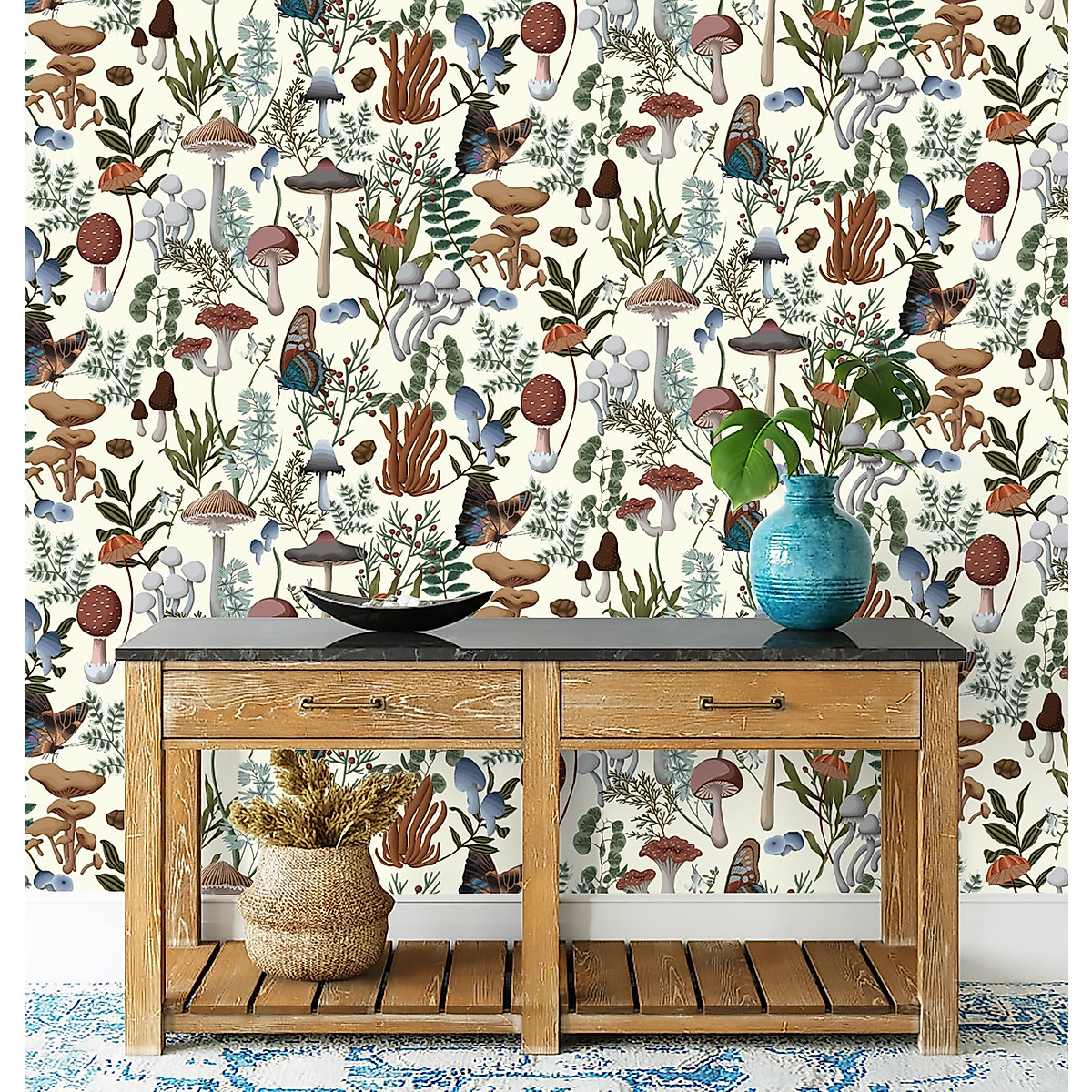 EeeComing Mushroom Wallpaper Peel and Stick Wallpaper Boho Wallpaper 78.7" x 16.14" Mushroom Contact Paper Removable Wallpaper for Bedroom Living Room Bookcase Bathroom Self Adhesive Vinyl