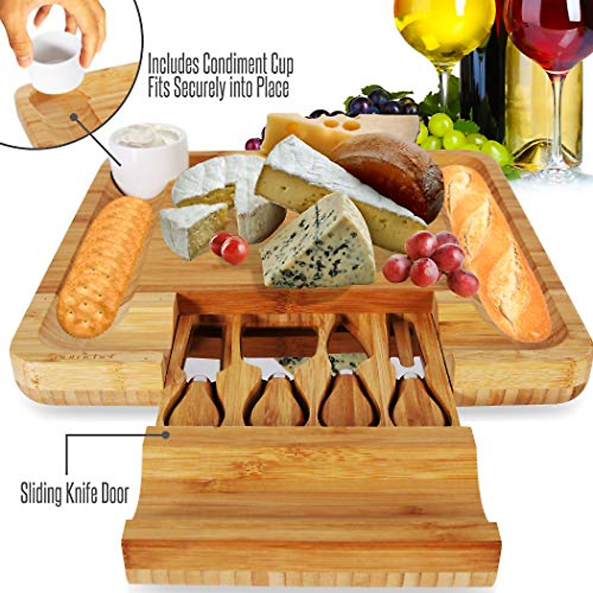 Bamboo Cheese Cutting Board Set - Flat Wood Serving Platter for Picnic Food or Wine, Rectangle Fruit and Meat Plate Kit w/Bowl, Closing Drawer Tray, 4 Stainless Steel Knives - NutriChef PKCZBD10