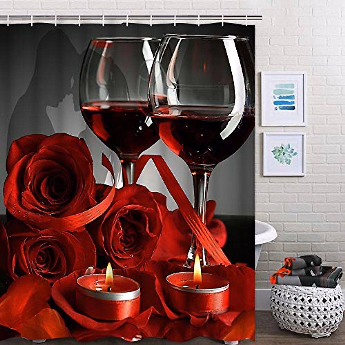 7 Piece Valentines Shower Curtain Sets with Rugs and Towels, Include Non-Slip Rugs, Toilet Lid Cover, Bath Towel and Mat, Romantic Red Rose Shower Curtain with 12 Hooks for Bathroom Decoration