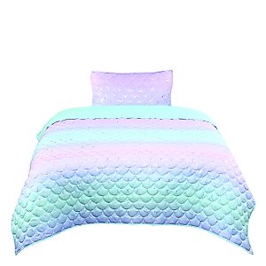 Tadpoles Girls Mermaid Pattern Quilt Set, with 1 Twin Size Quilt and 1 Standard Sham, Lightweight, Soft, and Durable, Iridescent Metallic, for Kids, 2-Piece Set - Twin.