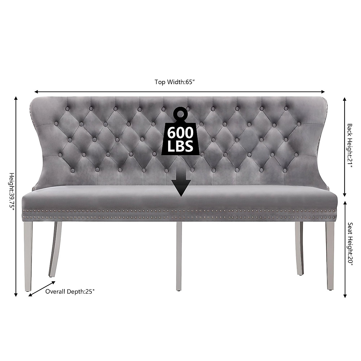 LOULENS 65'' Upholstered Velvet Settee Bench 3 Seater, Modern Tufted Banquette Bench with Back, Accent Loveseat Sofa with Stainless Steel Leg for Dining, Living Room (Gery)
