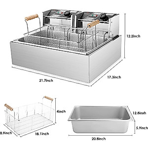 TANGME Commercial Deep Fryer, 3400w Electric Turkey Fryer with 3-Baskets, 22L/23.25Qt 1mm Thickened Stainless Steel Countertop Single Oil Fryer with Temperature Limiter for Restaurant
